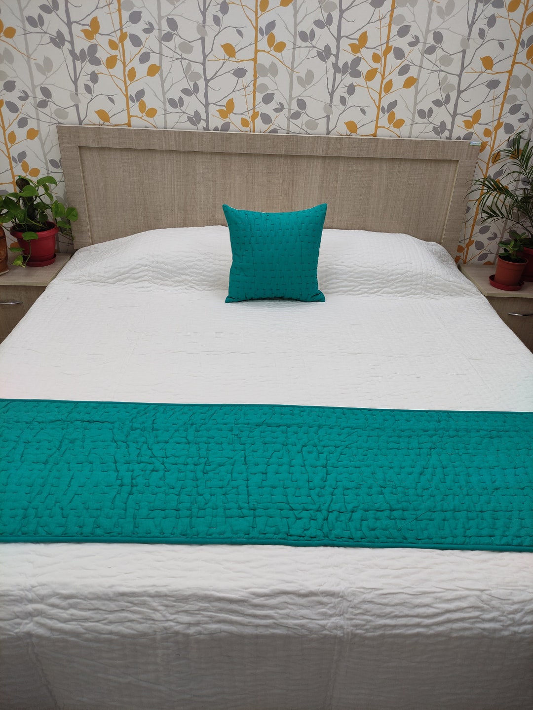 Teal Color Bed Runner Matching Cushion Case 100% Cotton - Etsy