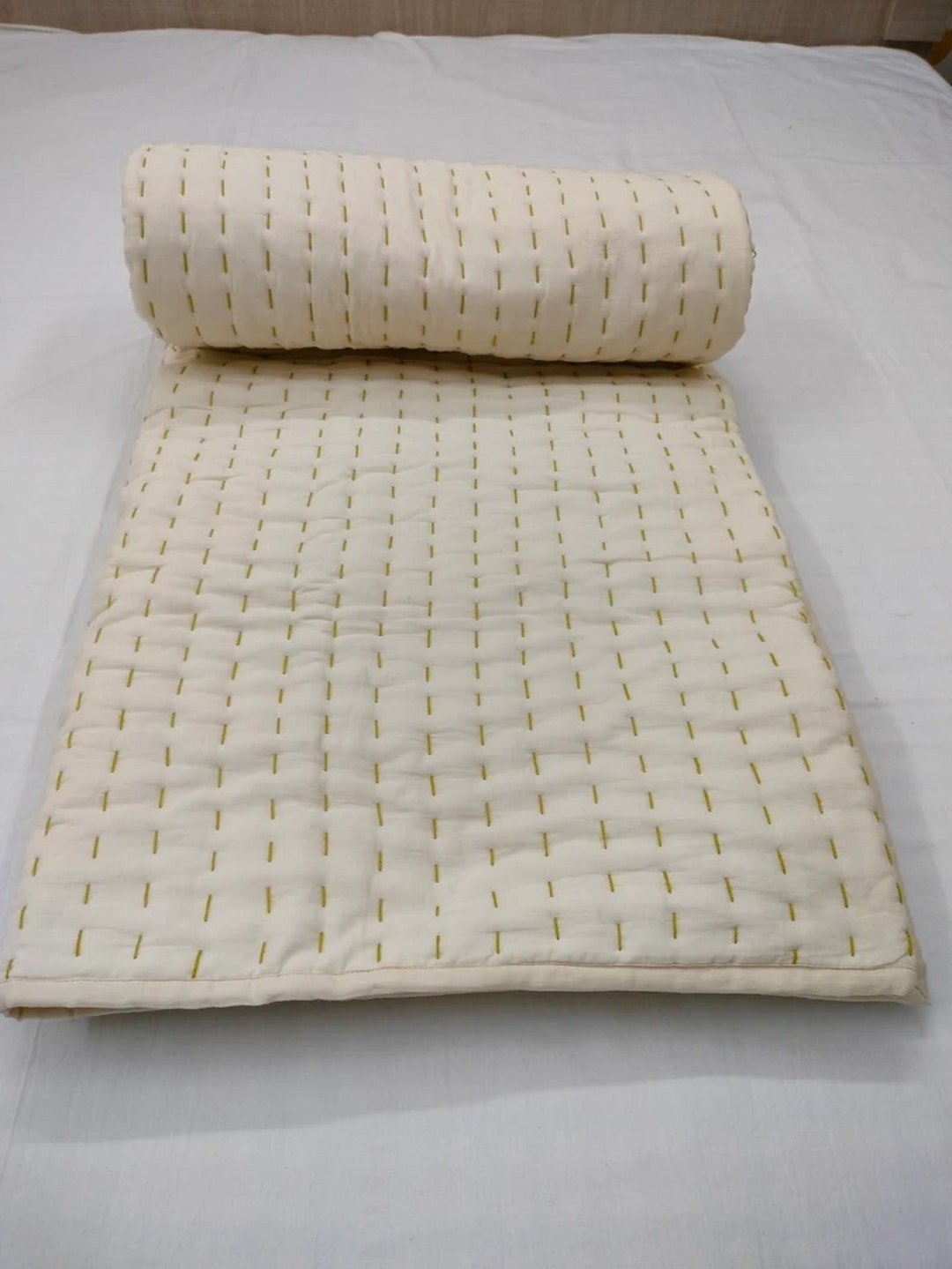 Cream Quilt, Solid Quilt, Both Side Quilt, Olive Green Thread Stitching ...