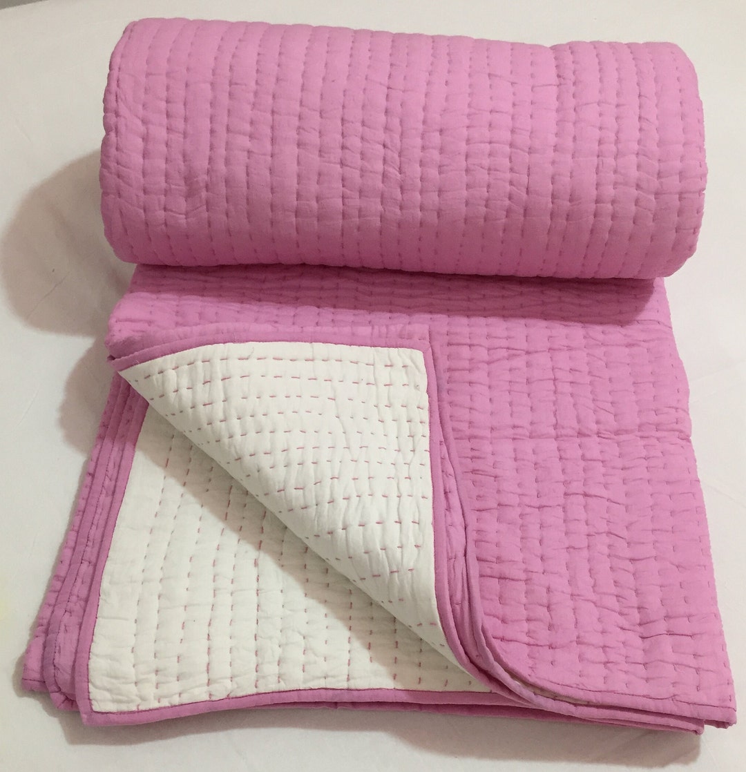 Pink Reversible Quilt, Light Pink Bedding Set, Quilt With Pillow ...