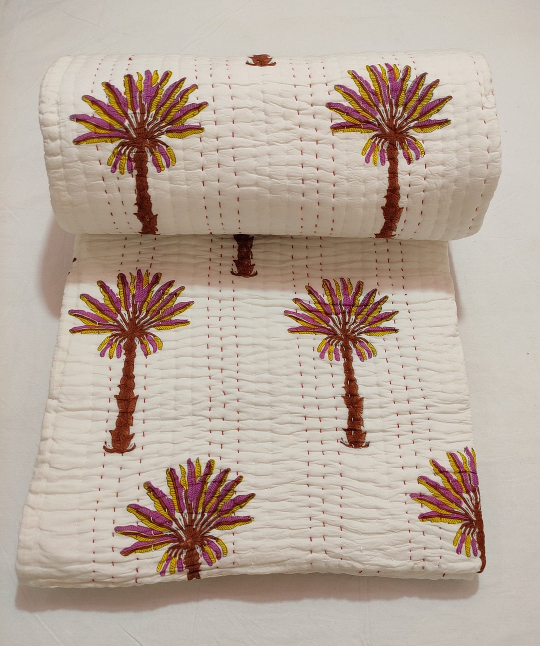 Palm Tree Quilt, Kantha Quilt, Cotton Quilt, Indian Quilt, Kantha Throw ...