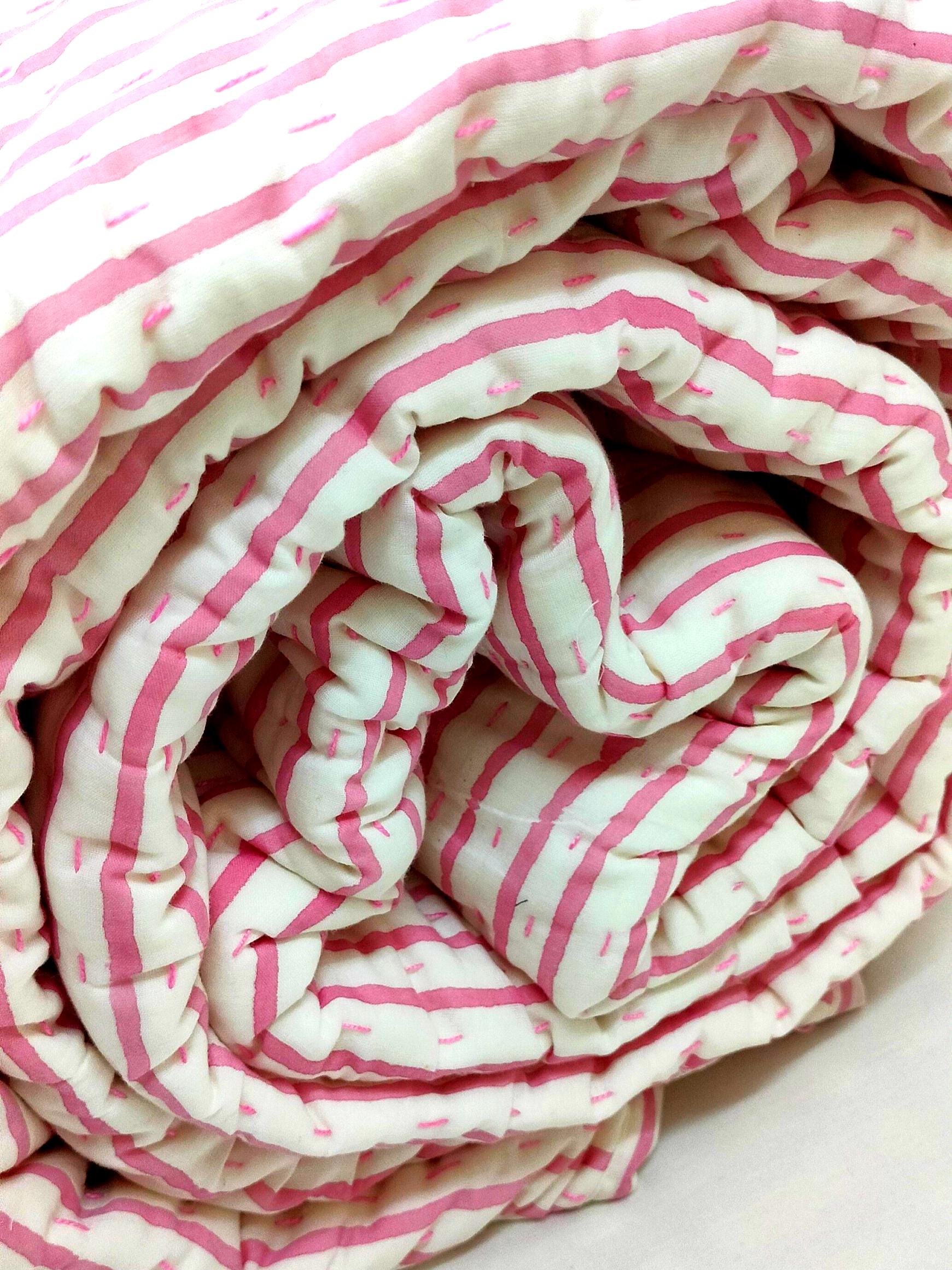 Handmade Pink Stripe Kantha Quilt, Reversible Cotton Bedspread, Boho ...