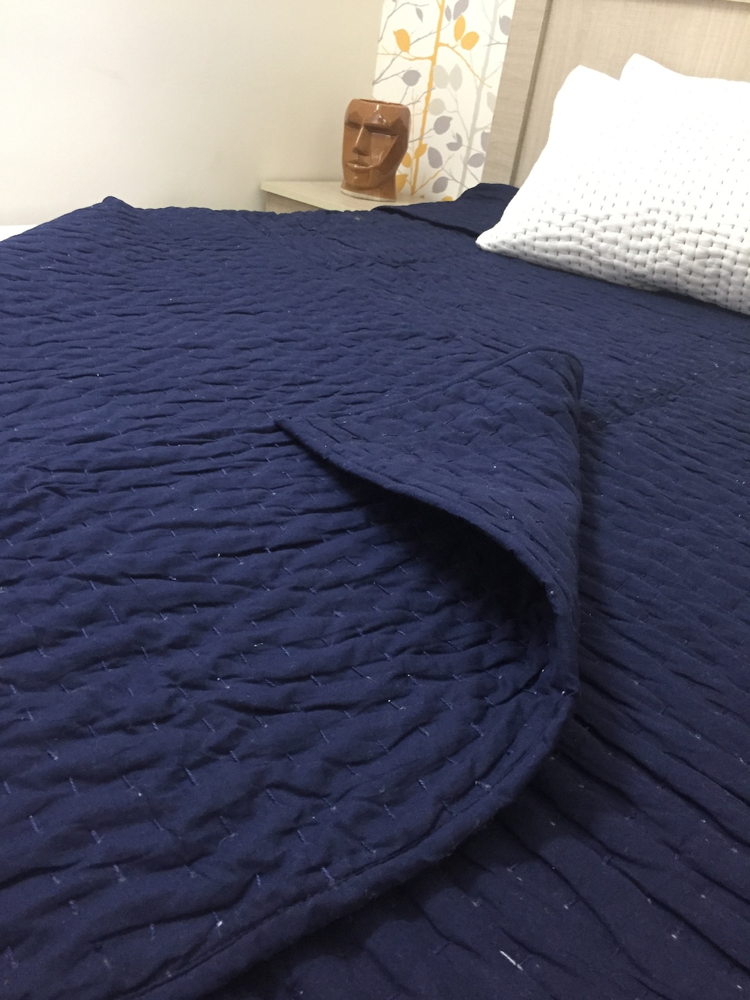 Both Side Solid Navy Blue Kantha Quilt in Same Thread, Cotton AC ...
