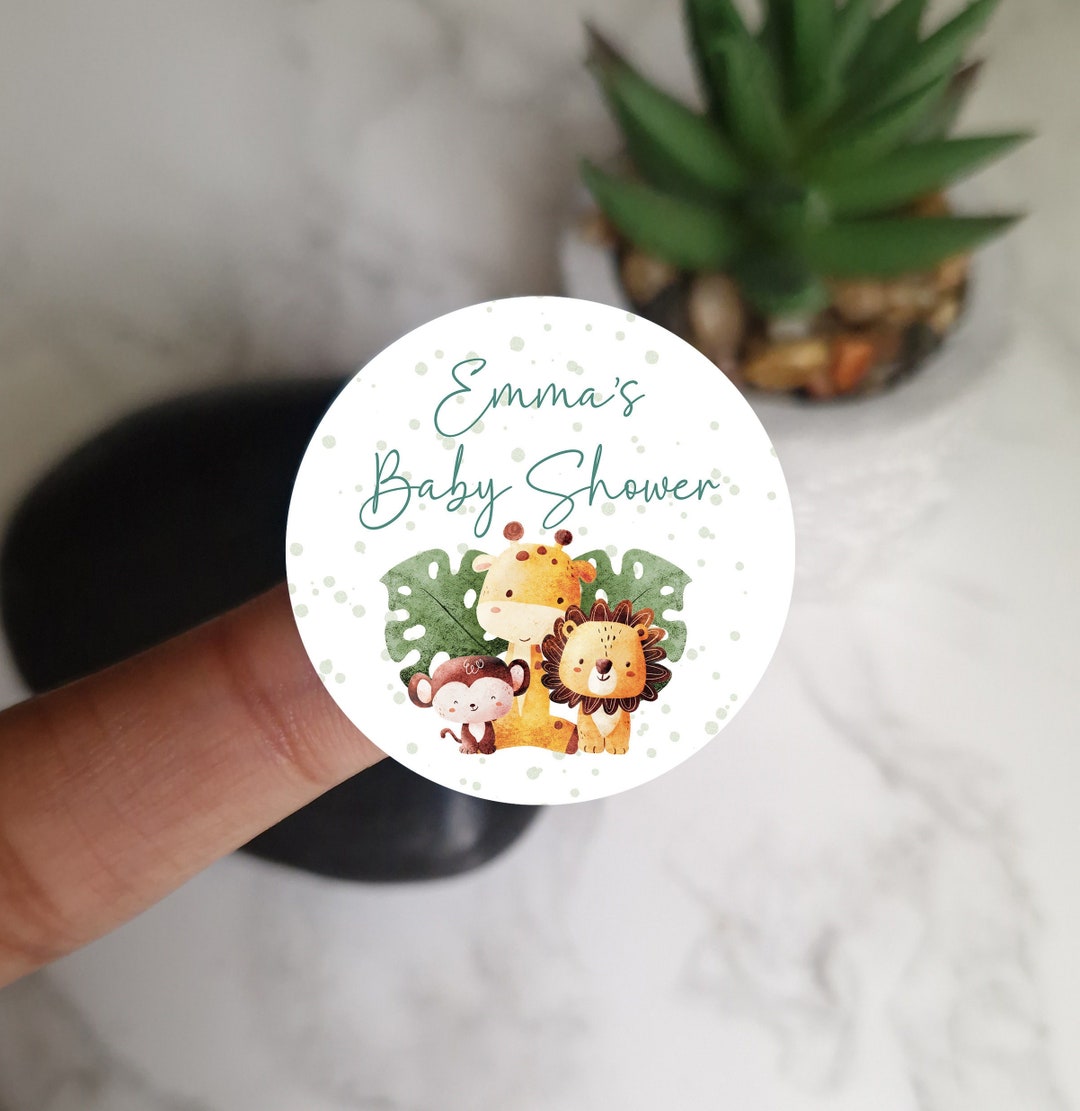 Personalised Baby Shower Stickers Jungle Themed Baby Animal Theme Baby ...