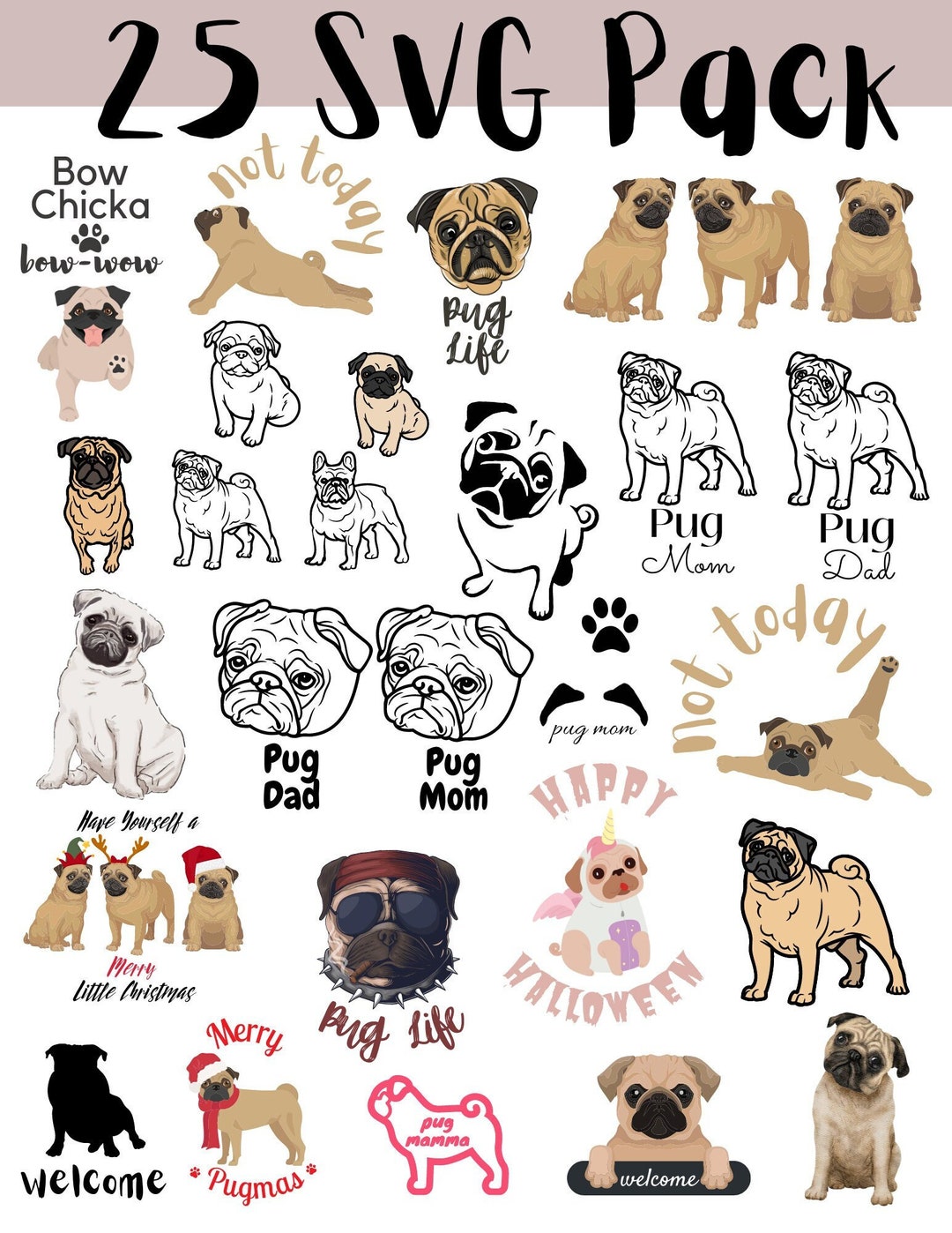 Pug SVG Bundle for Cutting Machines, Svg Files, Clipart, Circuit ...