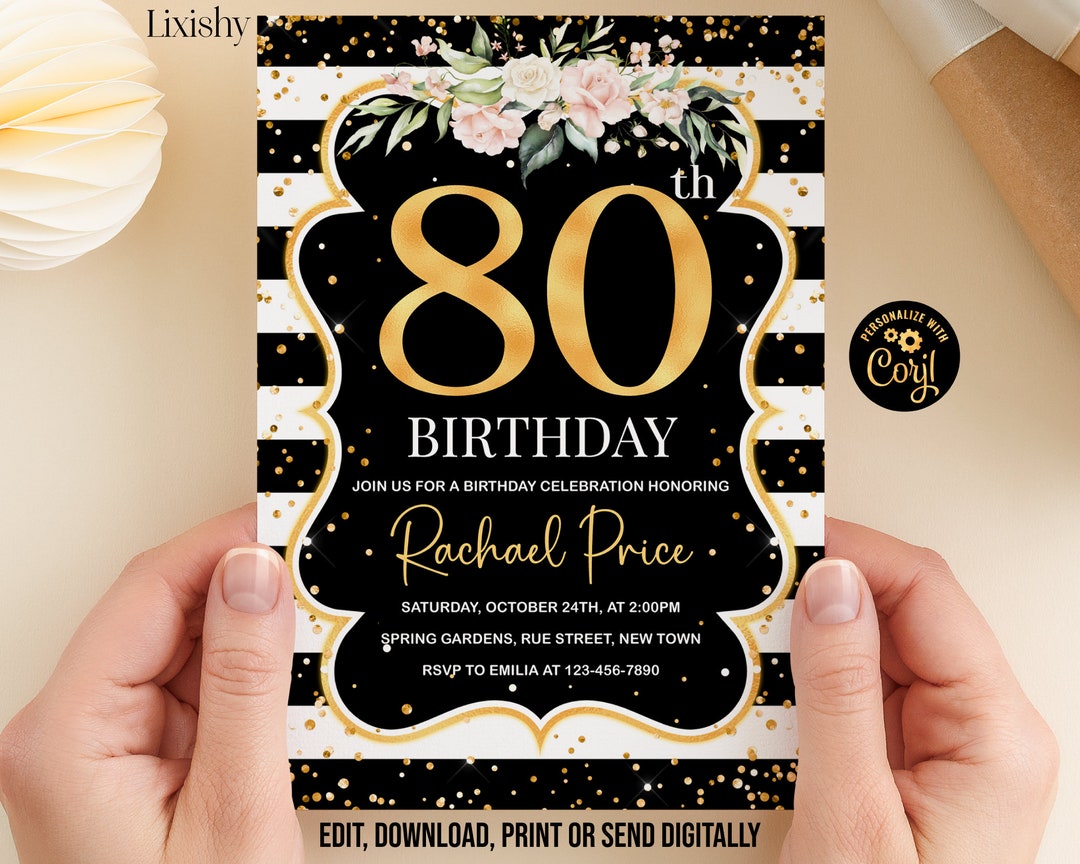 Black and Gold 80th Birthday Invitation Editable Black Gold 80 Birthday ...