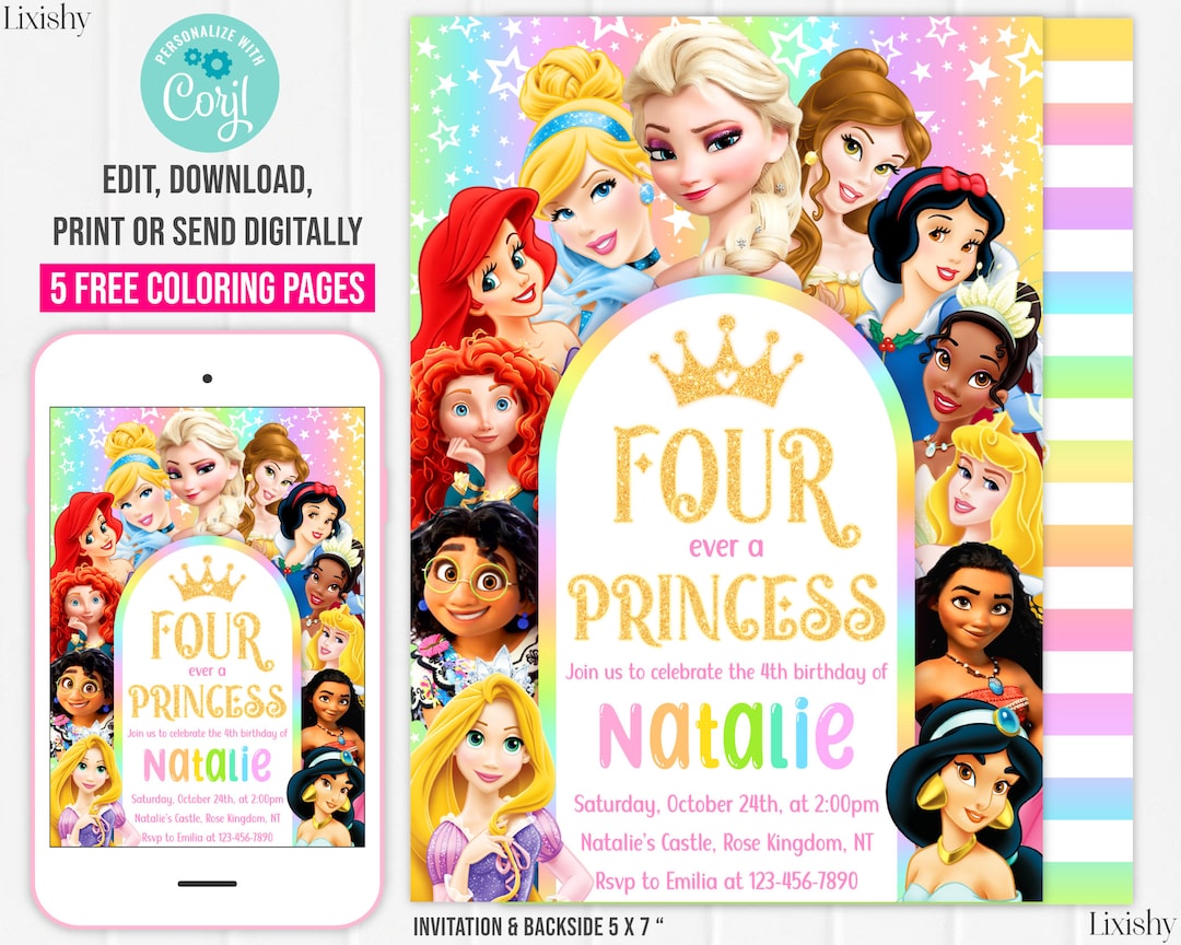 Four Ever a Princess Birthday Invitation Four Ever a Princess Birthday Party Invitation Princess ...