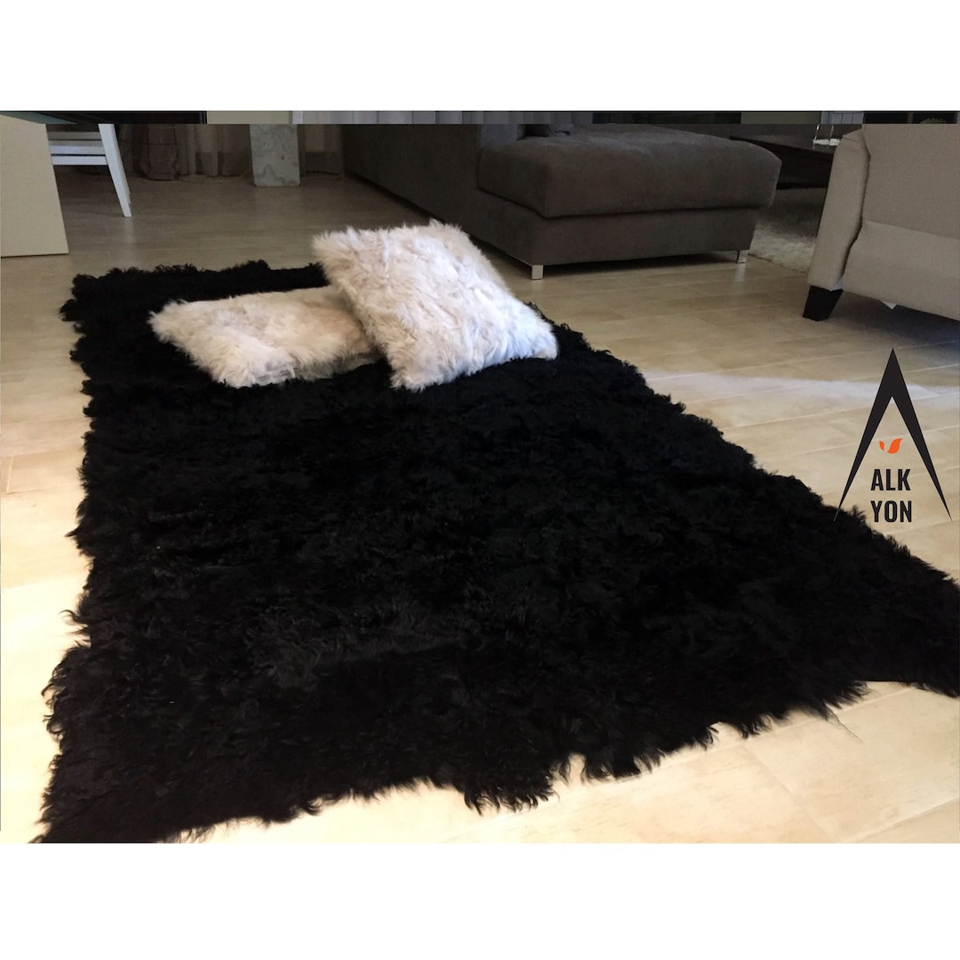 Genuine Sheepskin Fur Throw in Black Color, Fur Blanket, Fur Rug, Fur ...