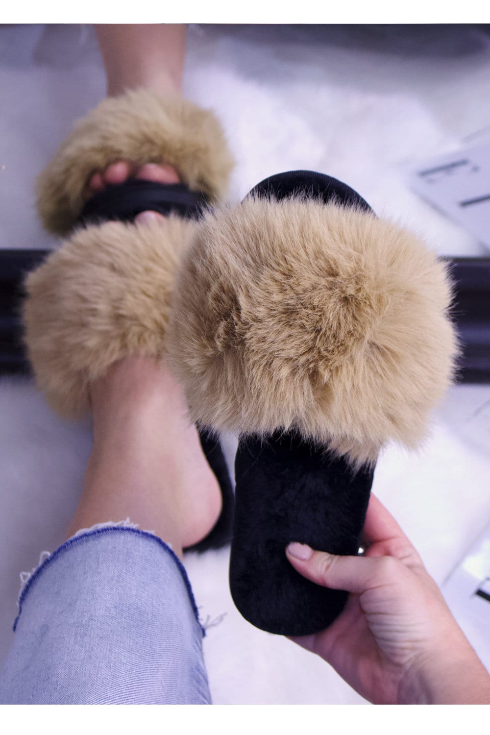Ladies' Fluffy Faux Fur Open Toe House Slipper/ Cute and Comfy/ Flat ...