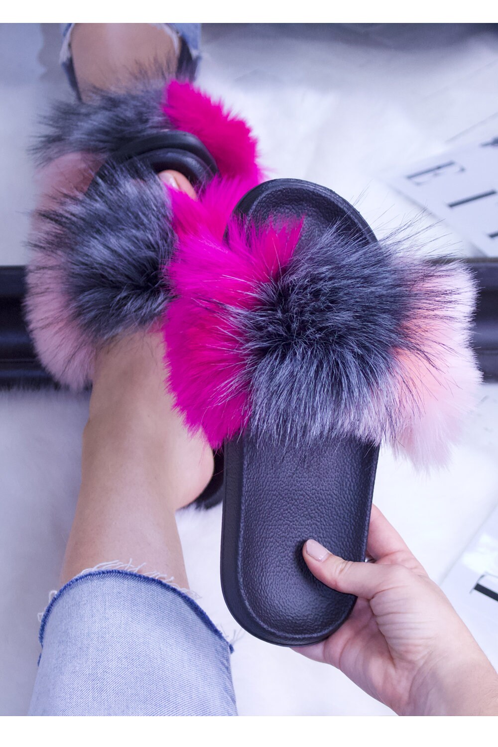 Ladies' Fluffy Faux Fur Open Toe House Slipper/ Cute and Comfy/ Flat ...