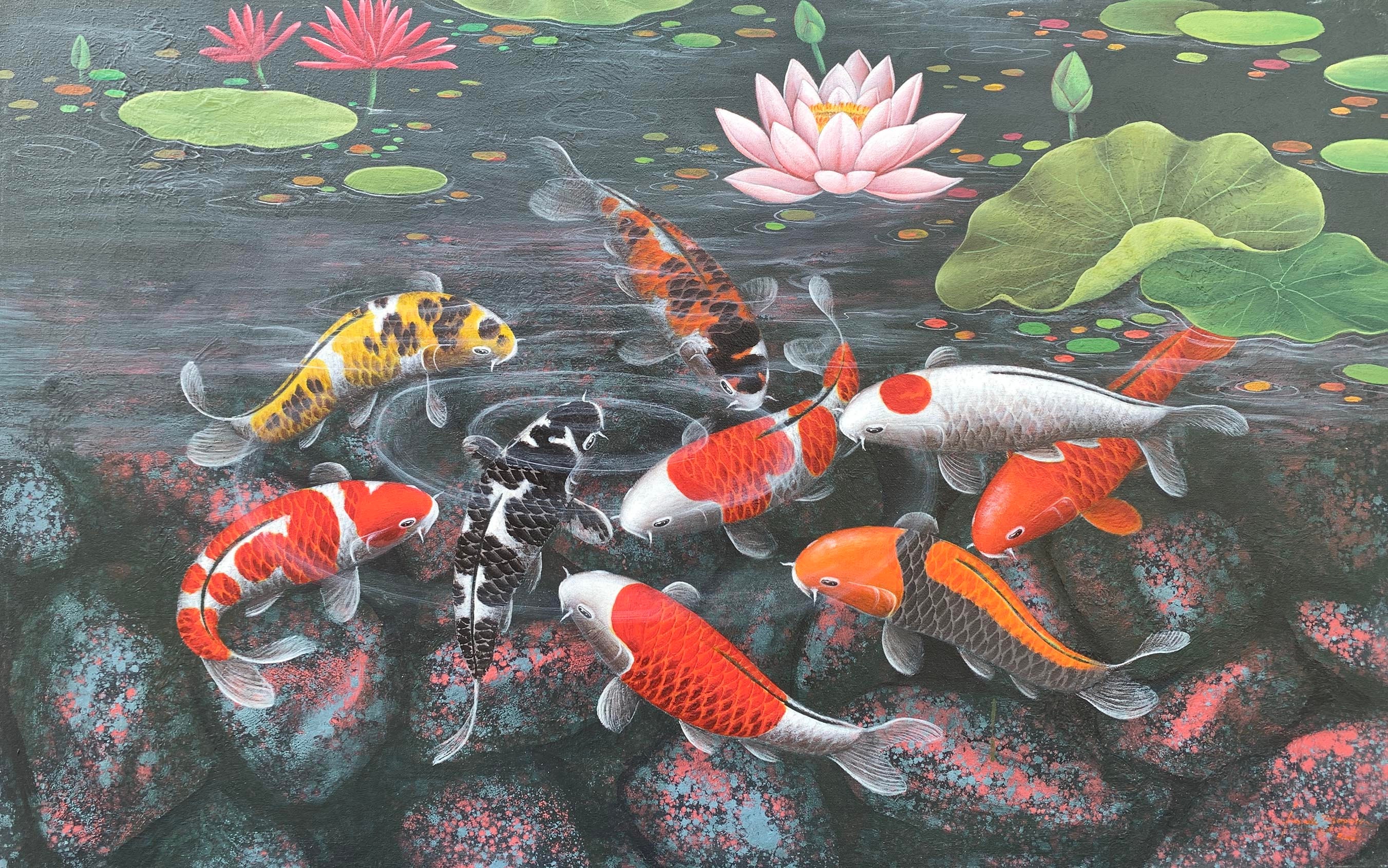 Koi Lotus Pond, 9 Koi Painting, Feng Shui Art, Asian Koi, Koi Wall Art ...
