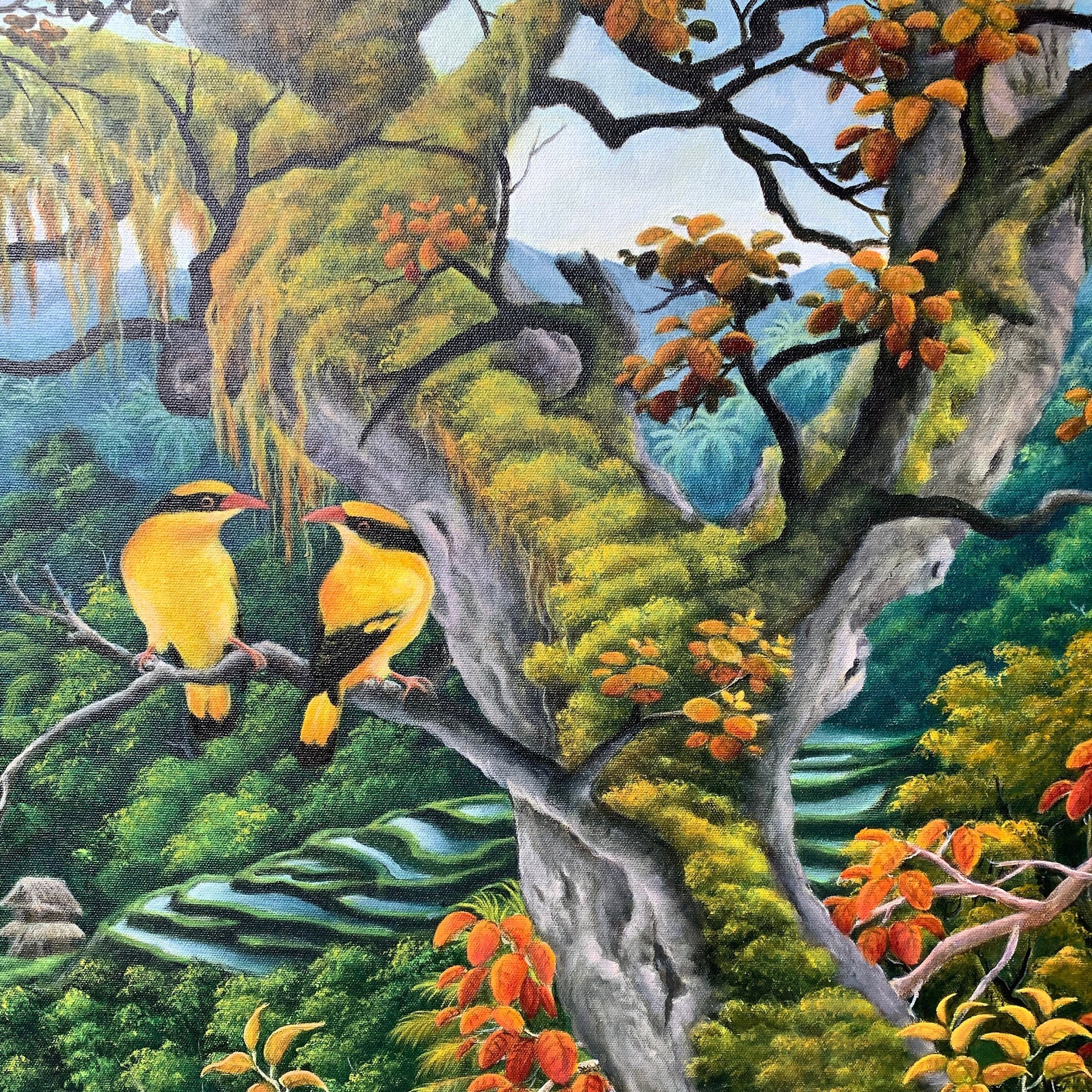 Realistic Jungle Scene Painting, Lush Green Woods, Love Birds ...
