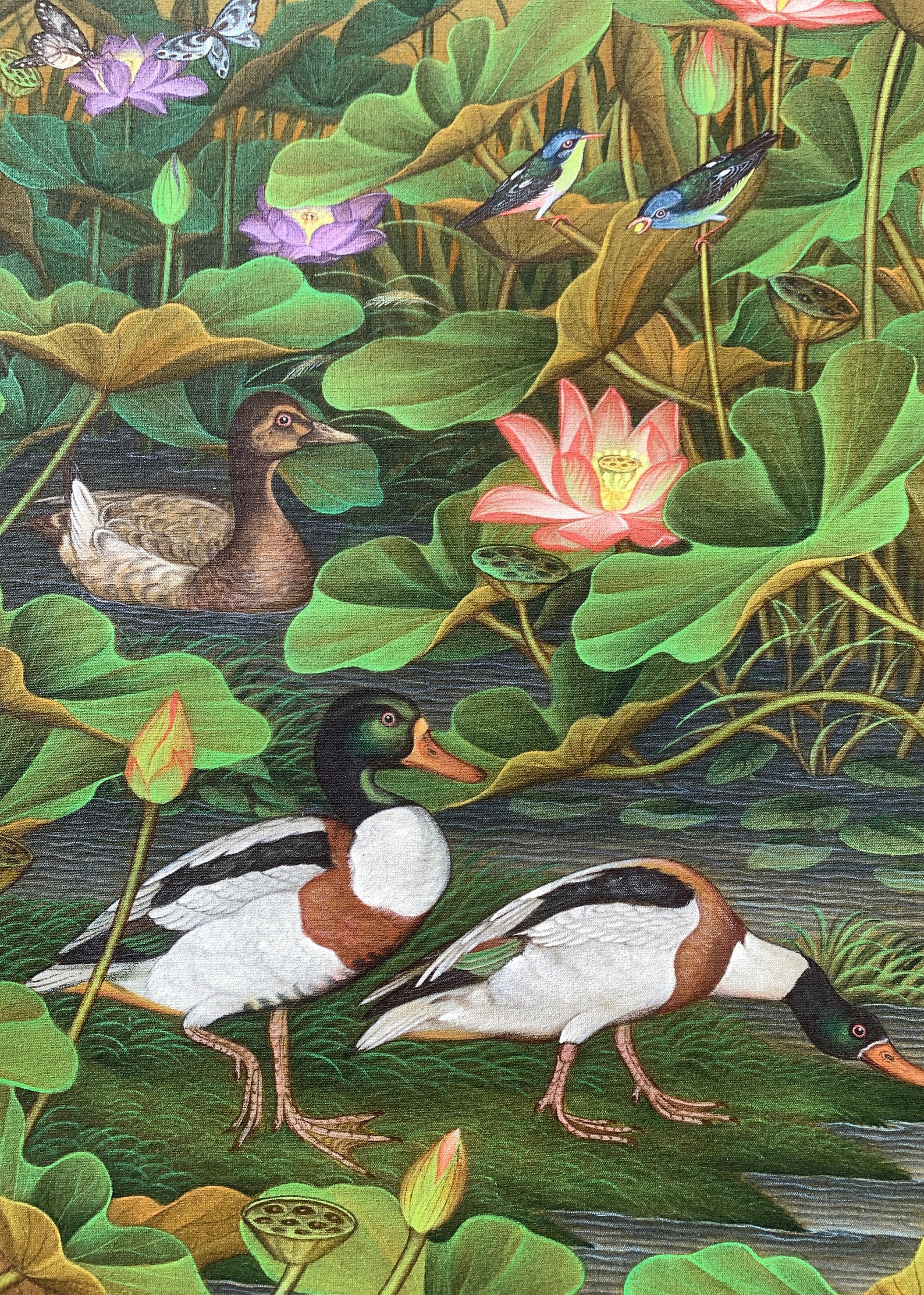 Green Lotus Pond, Swimming Ducks Lotus Leaf Painting, Original Floral ...