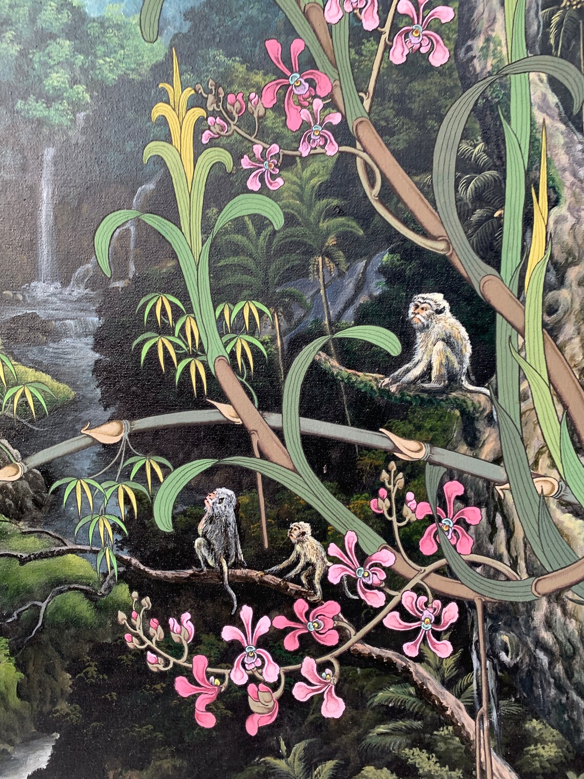 Monkeys and Tropical Jungle Painting, Monkey Wall Art, Waterfal ...