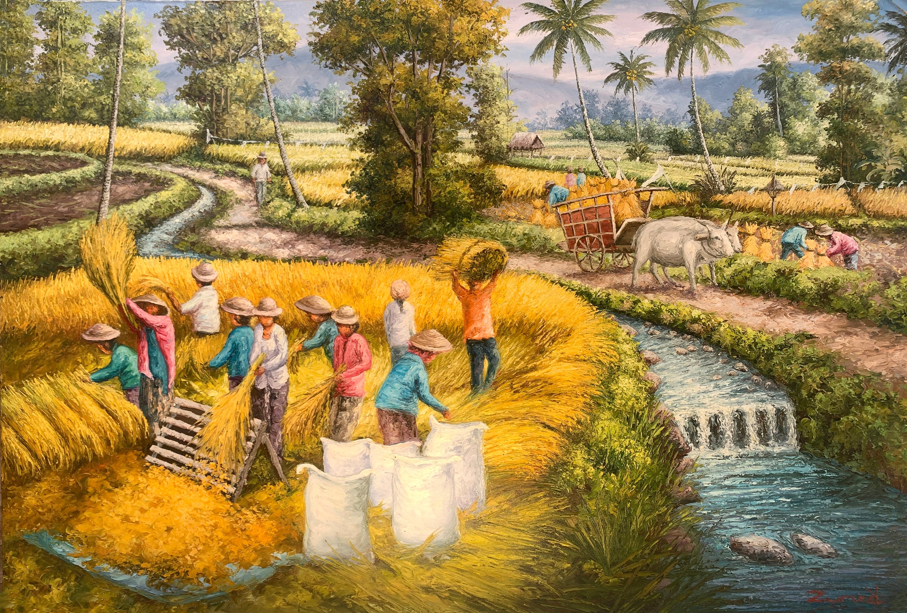 Rice harvest Painting Feng Shui Art Original Landscape | Etsy