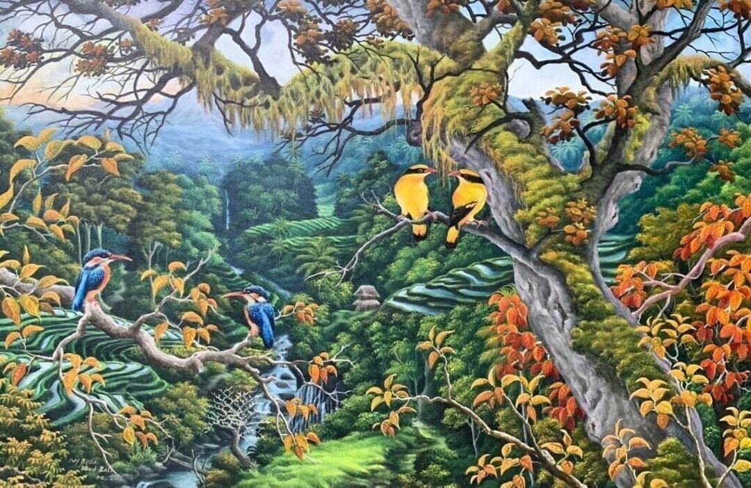 Realistic Jungle Scene Painting, Lush Green Woods, Love Birds ...