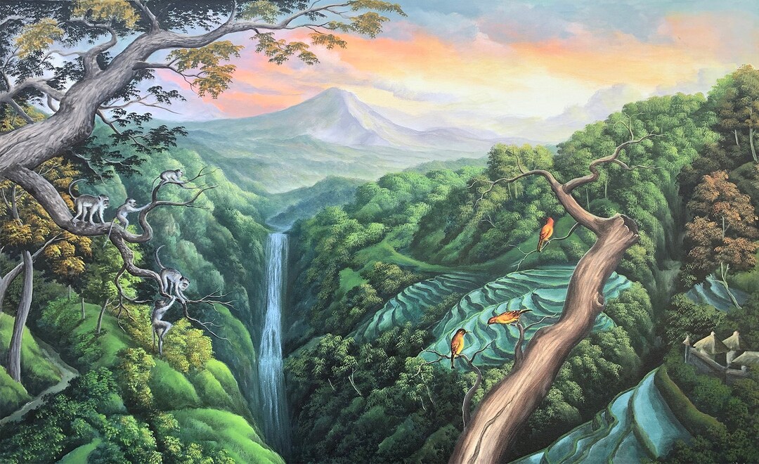 Monkey Forest Painting, Jungle Waterfall Scene Painting, Landscape ...