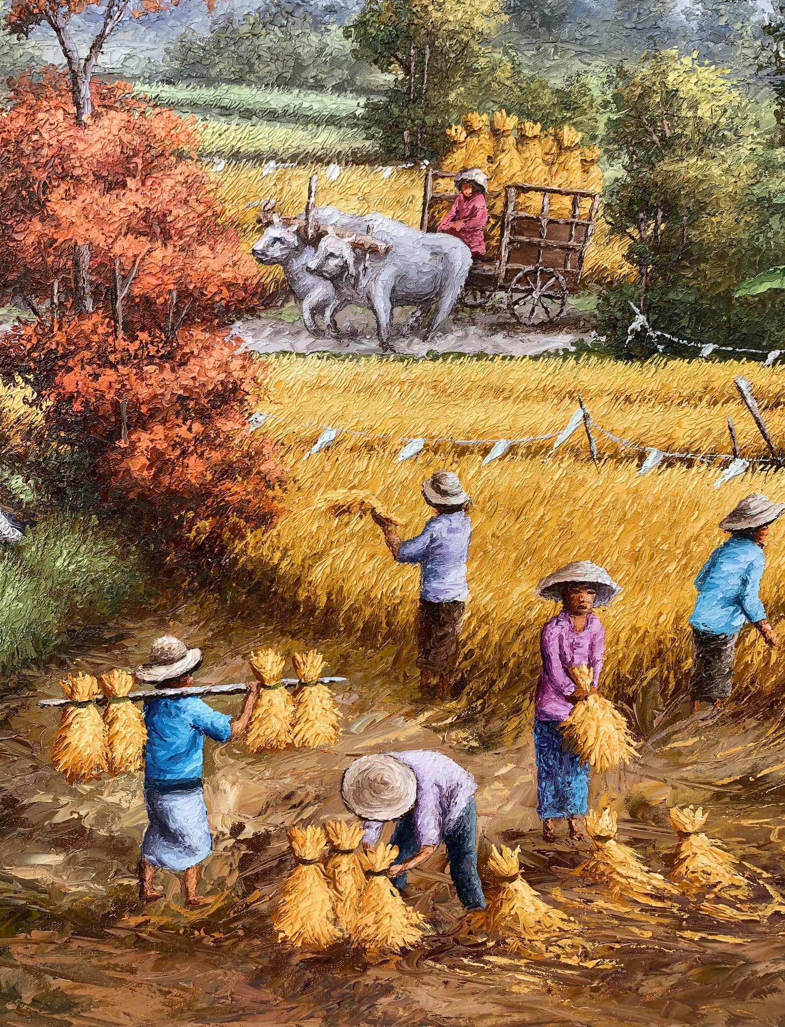 Harvesting Painting, Original Landscape Painting, Nature, Rice Paddies ...
