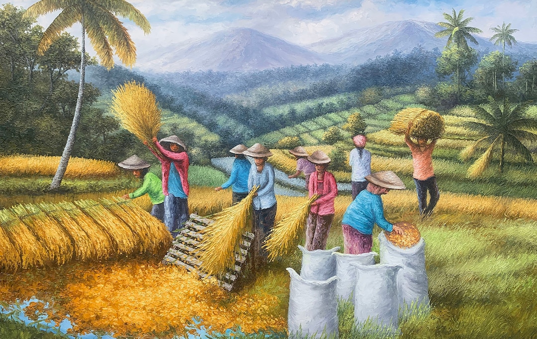 Huge Harvesting Painting, Fengshui Art, Rice Harvest Painting, Original ...