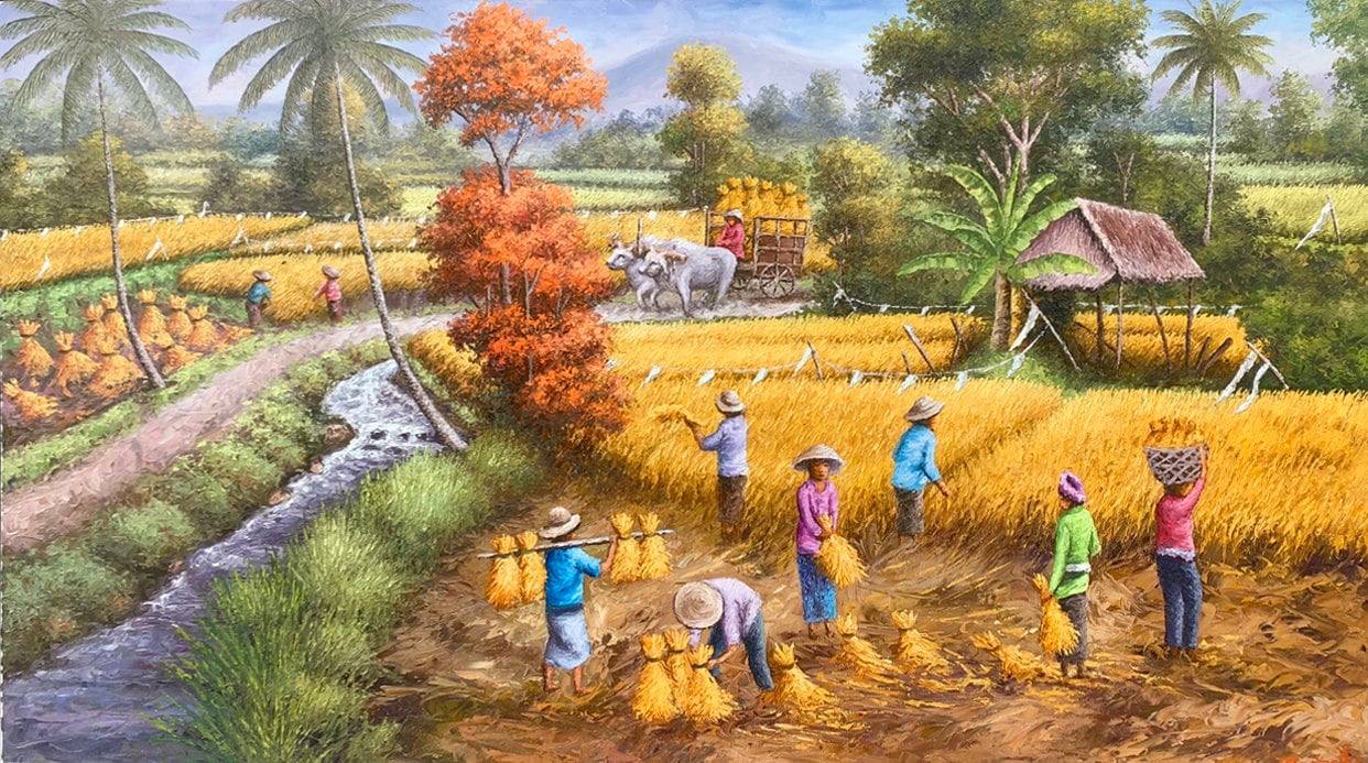 Harvesting Painting, Original Landscape Painting, Nature, Rice Paddies ...