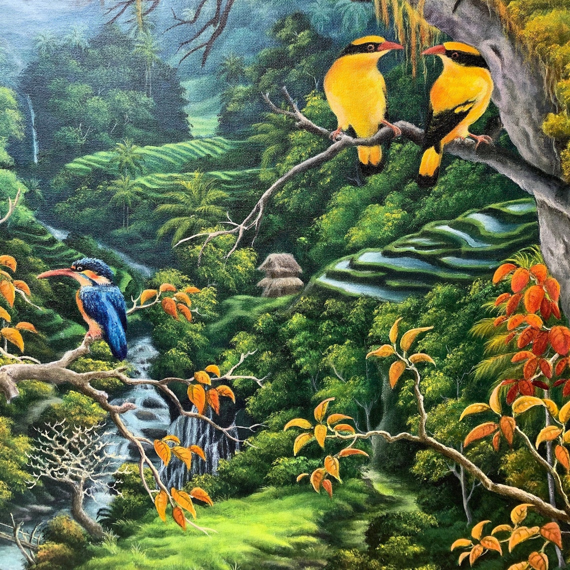 Realistic Jungle Scene Painting Lush Green Woods Love Birds | Etsy