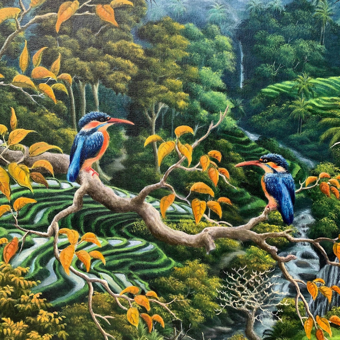 Realistic Jungle Scene Painting Lush Green Woods Love Birds - Etsy
