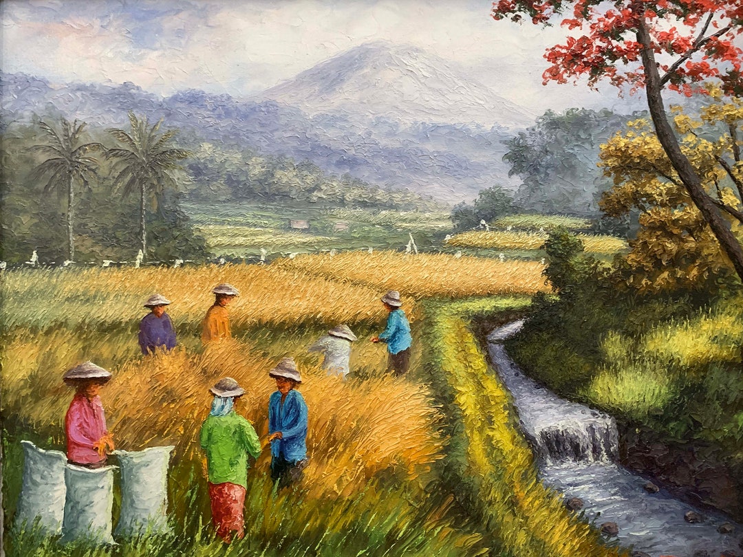 Rice Harvesting, Rural Atmosphere Painting, Original Landscape Painting ...