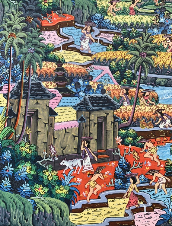 Indiaans Dorpsschilderij Vintage Kunst, Frans Dorp Schilderij,