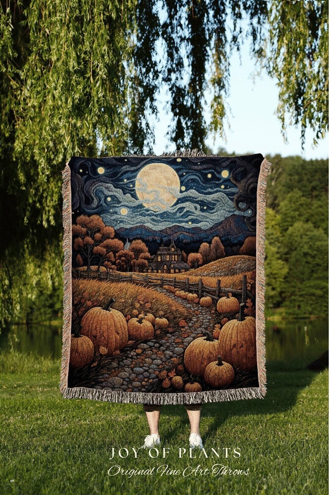 Harvest Moon Fall Landscape Vintage Halloween Tapestry Blanket Woven ...