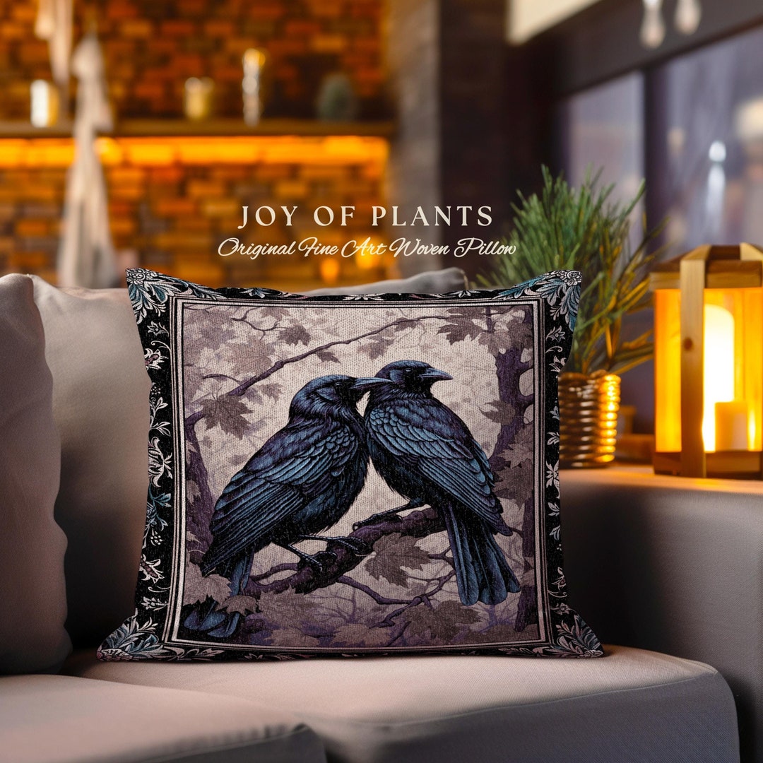 Woodland Gothic Woven Raven Tapestry Cushion Victorian Crowcore Art ...