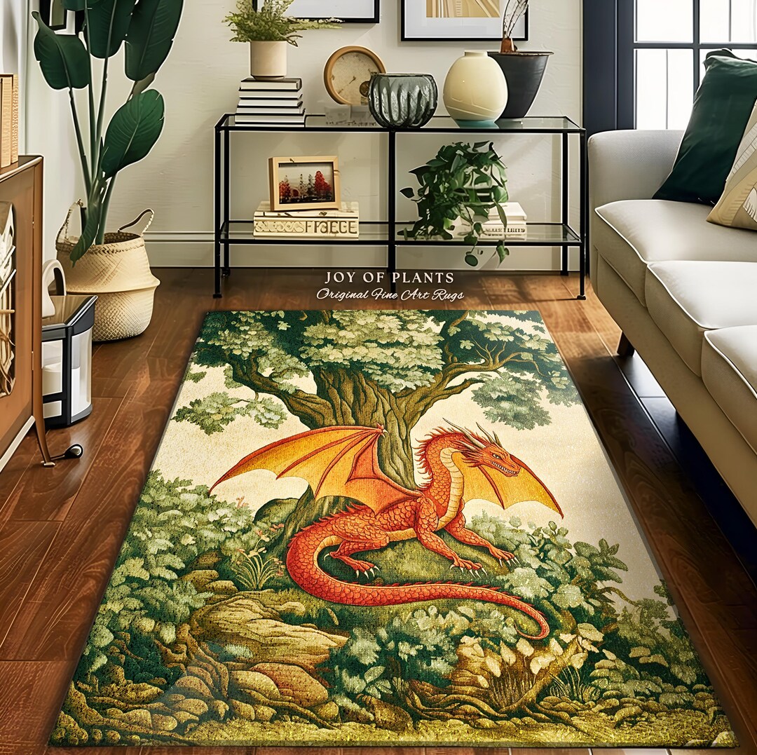 Whimsical Red Dragon Rug Antique Forest Scene Woodland Gothic Whimsy ...