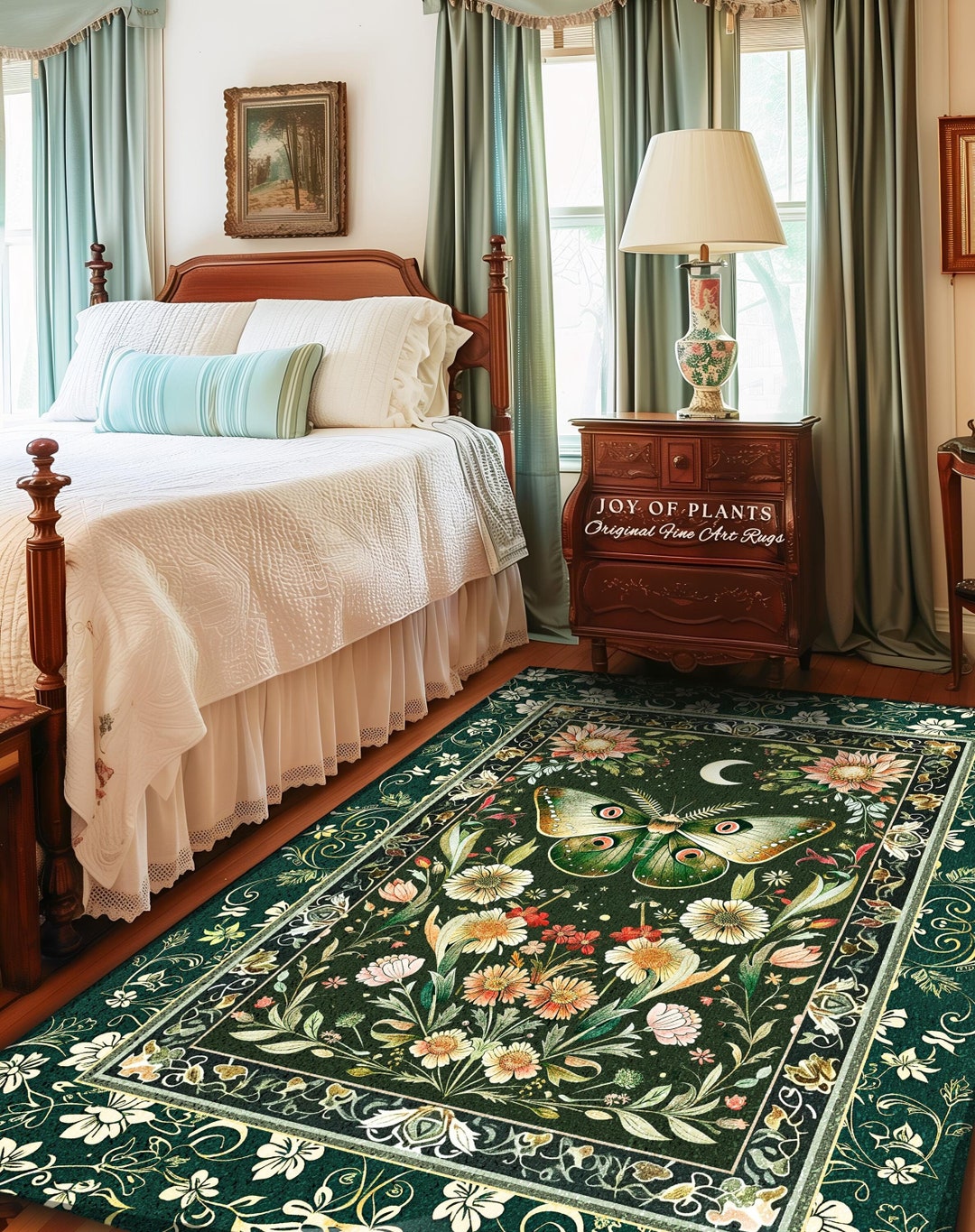 Botanical Moth Moon Rug Whimsical Floral Fairycore Enchanted Forest Art ...