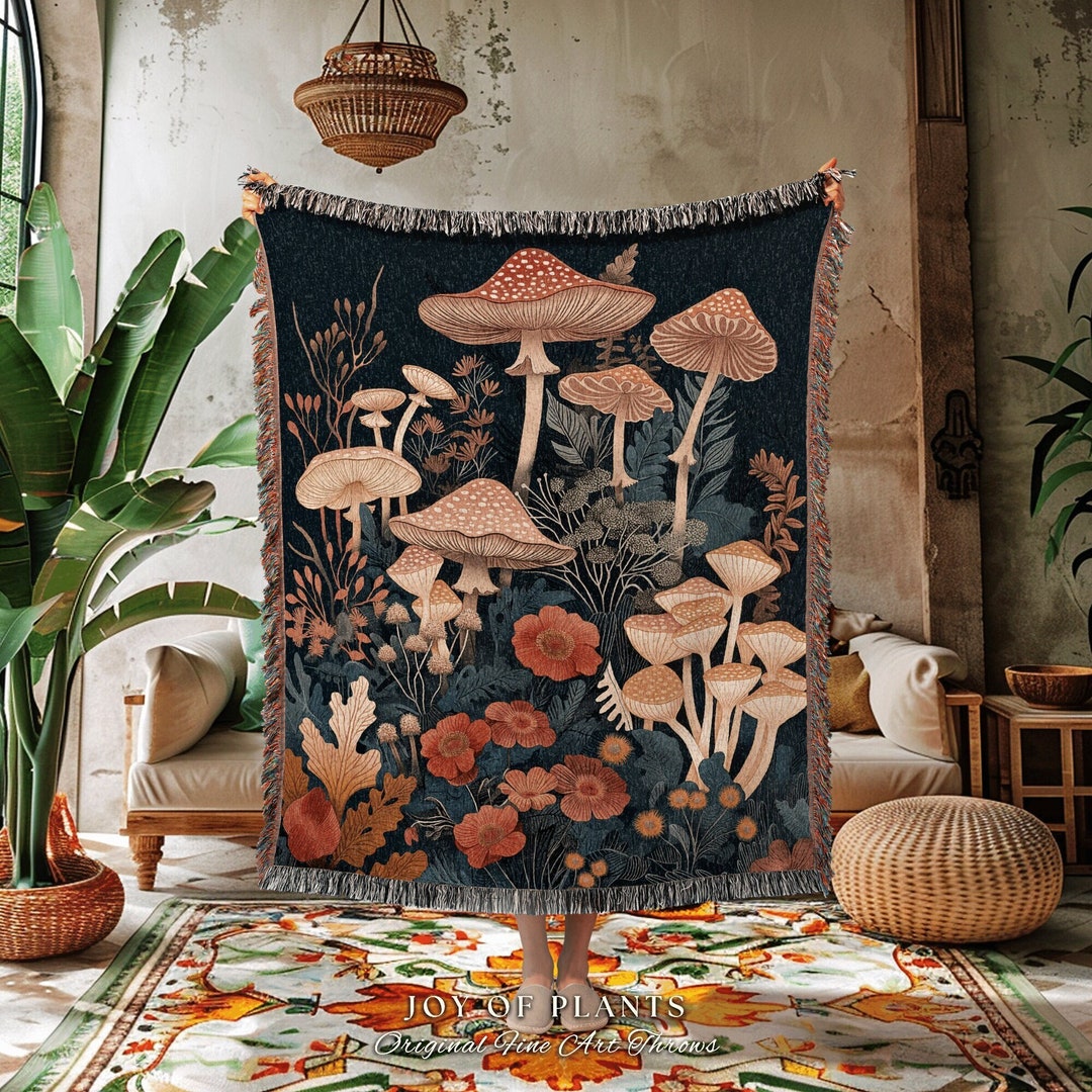 Woodland Fungi Throw Blanket | Cottagecore Tapestry for Mushroom Lover ...