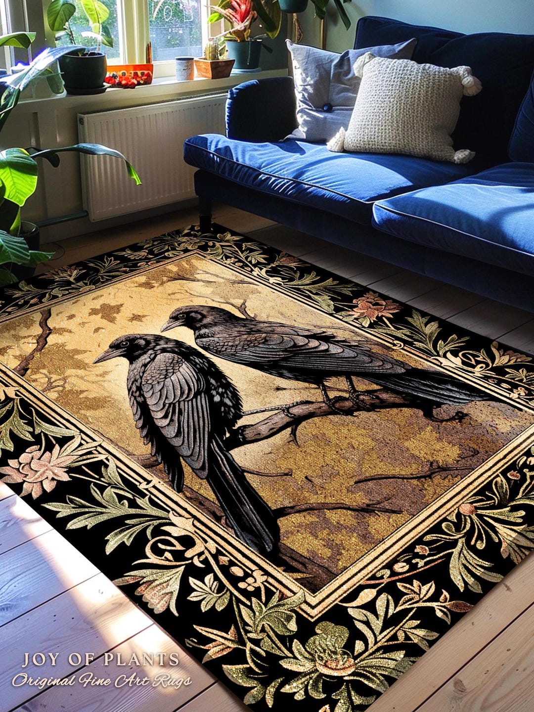 Golden Gothic Raven Rug Whimsical Cottagecore Botanical Decor | Witchy ...