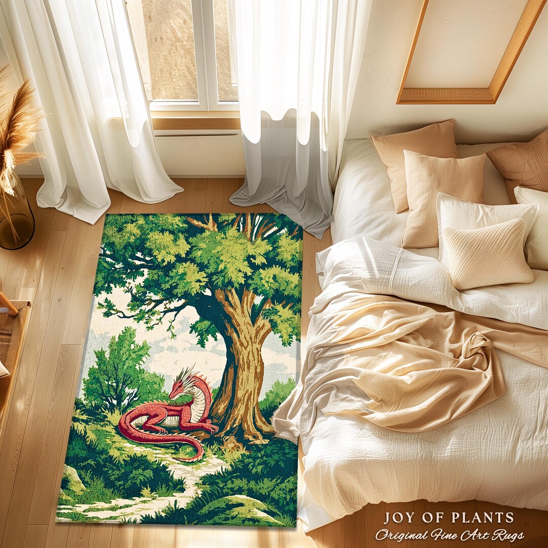 Enchanted Red Dragon Rug Mystical Forest Scene Fantasy Goblincore ...