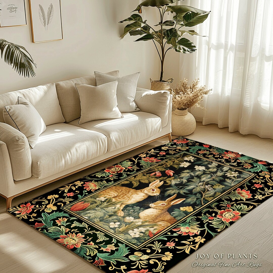 Dark Botanical Cottagecore Rabbit Rug Forestcore Vintage Aesthetic ...
