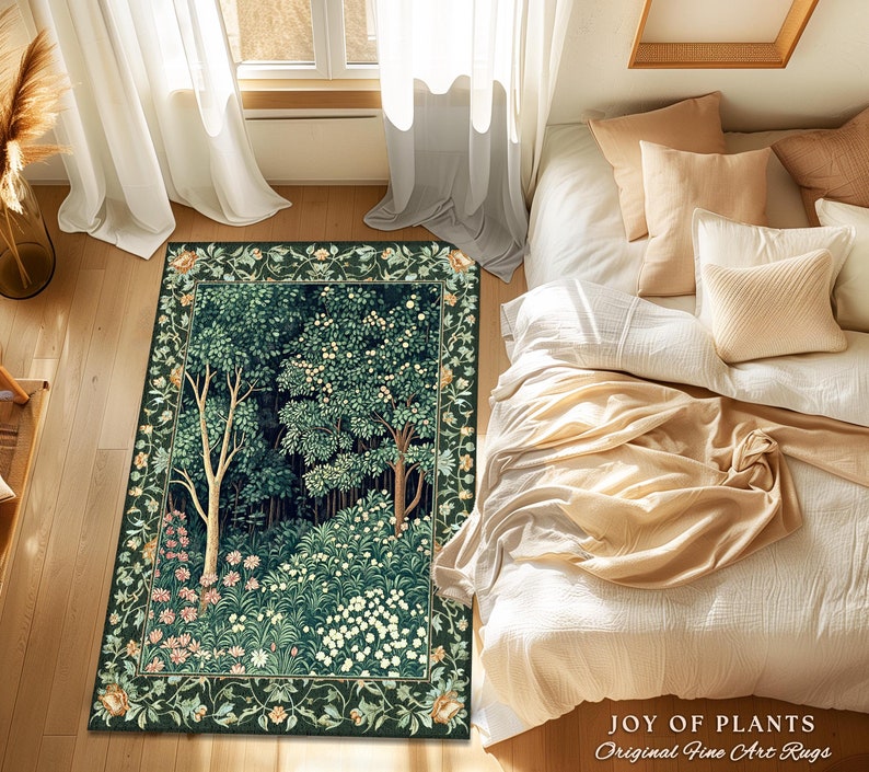 Medieval Forest Botanical Floor Rug | Woodland Botanical Emerald Green ...