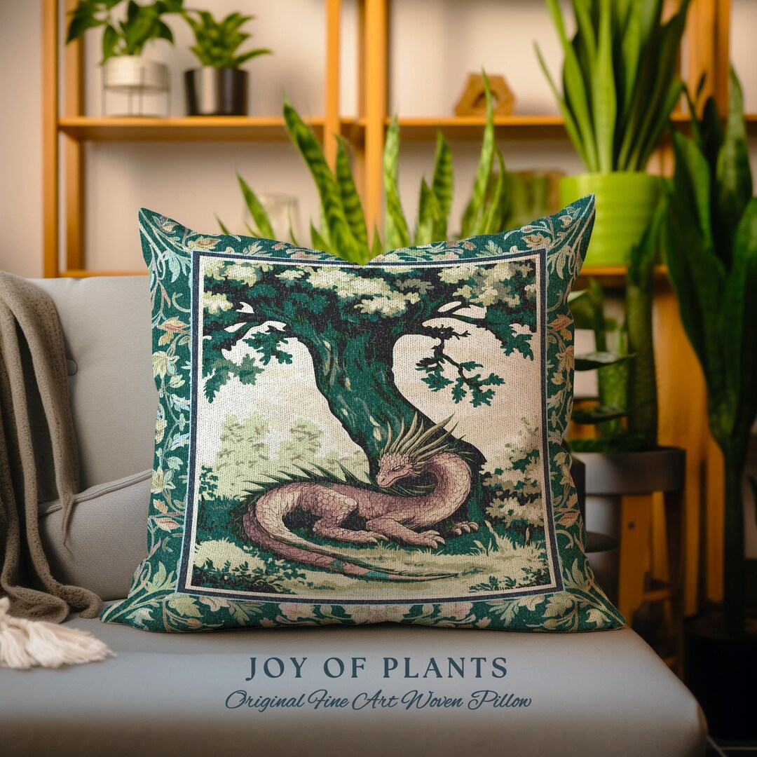 Grunge Fairycore Dragon Woven Pillow Rustic Green Cottagecore Botanical ...