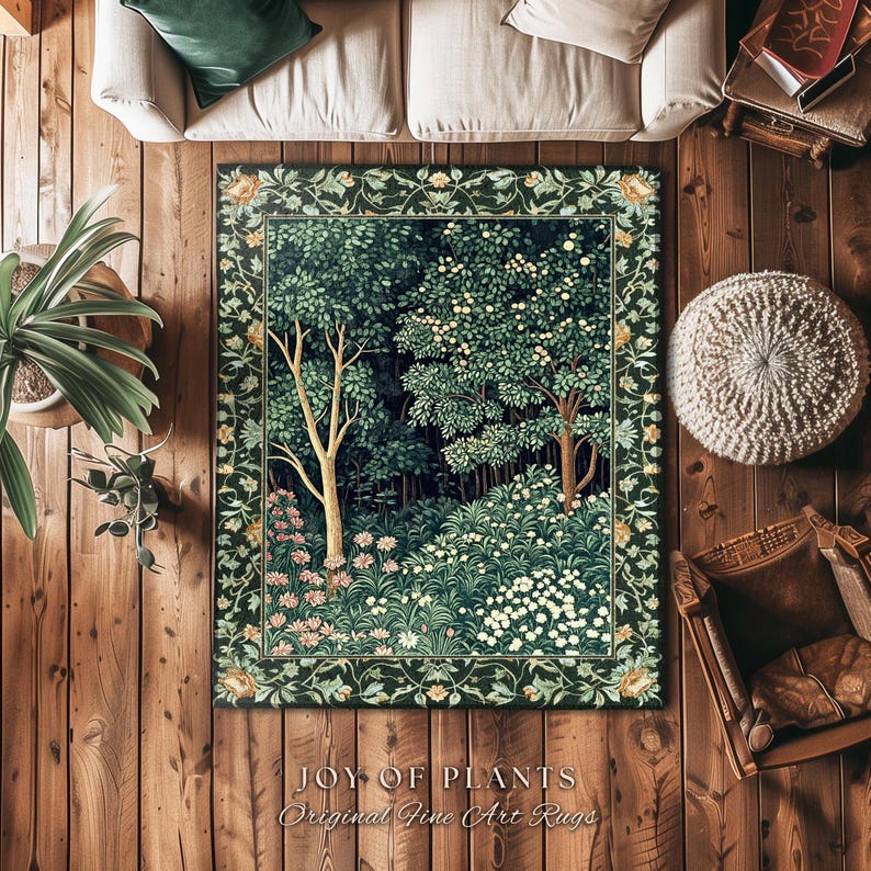 Medieval Forest Botanical Floor Rug | Woodland Botanical Emerald Green ...