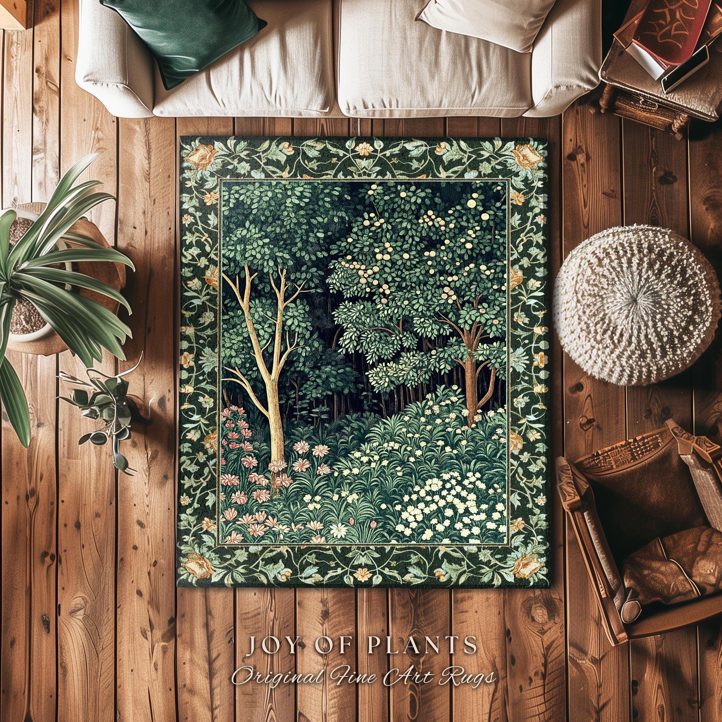 Medieval Forest Botanical Floor Rug | Woodland Botanical Emerald Green ...