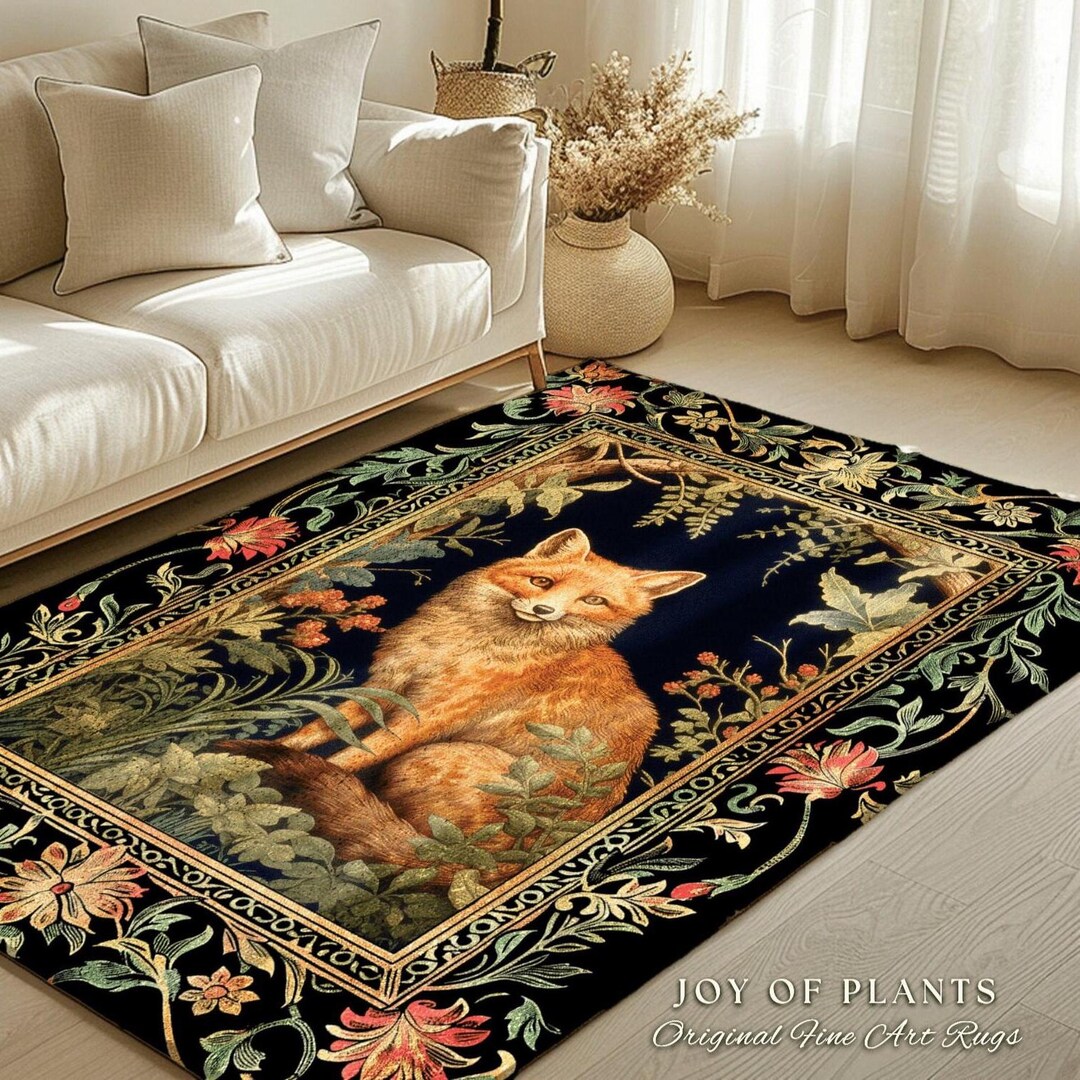 Whimsical Forest Fox Rug Dark Cottagecore Decor | Eclectic Art Fox Area ...