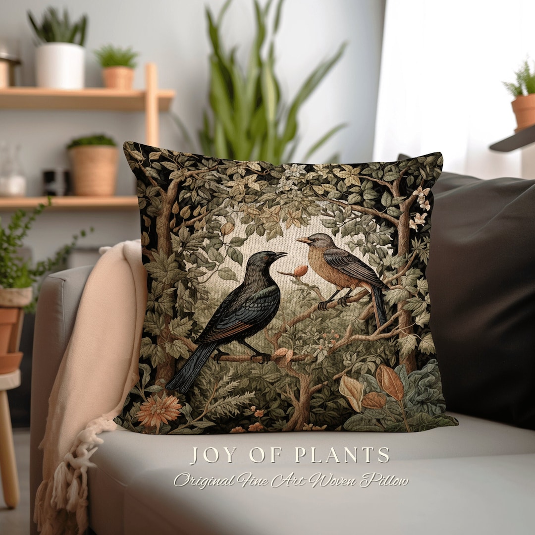 Cottagecore Bird Throw Pillow | William Morris Inspired Pillow Woodland ...