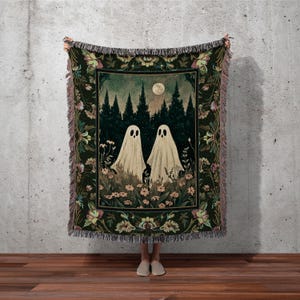 Floral Landscape Halloween Ghost Friends | Woven Throw Blanket Macabre ...