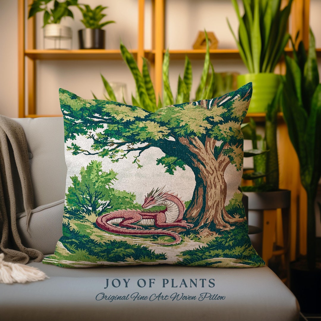 Enchanted Red Dragon Pillow Mystical Forest Scene Tapestry Cushion ...