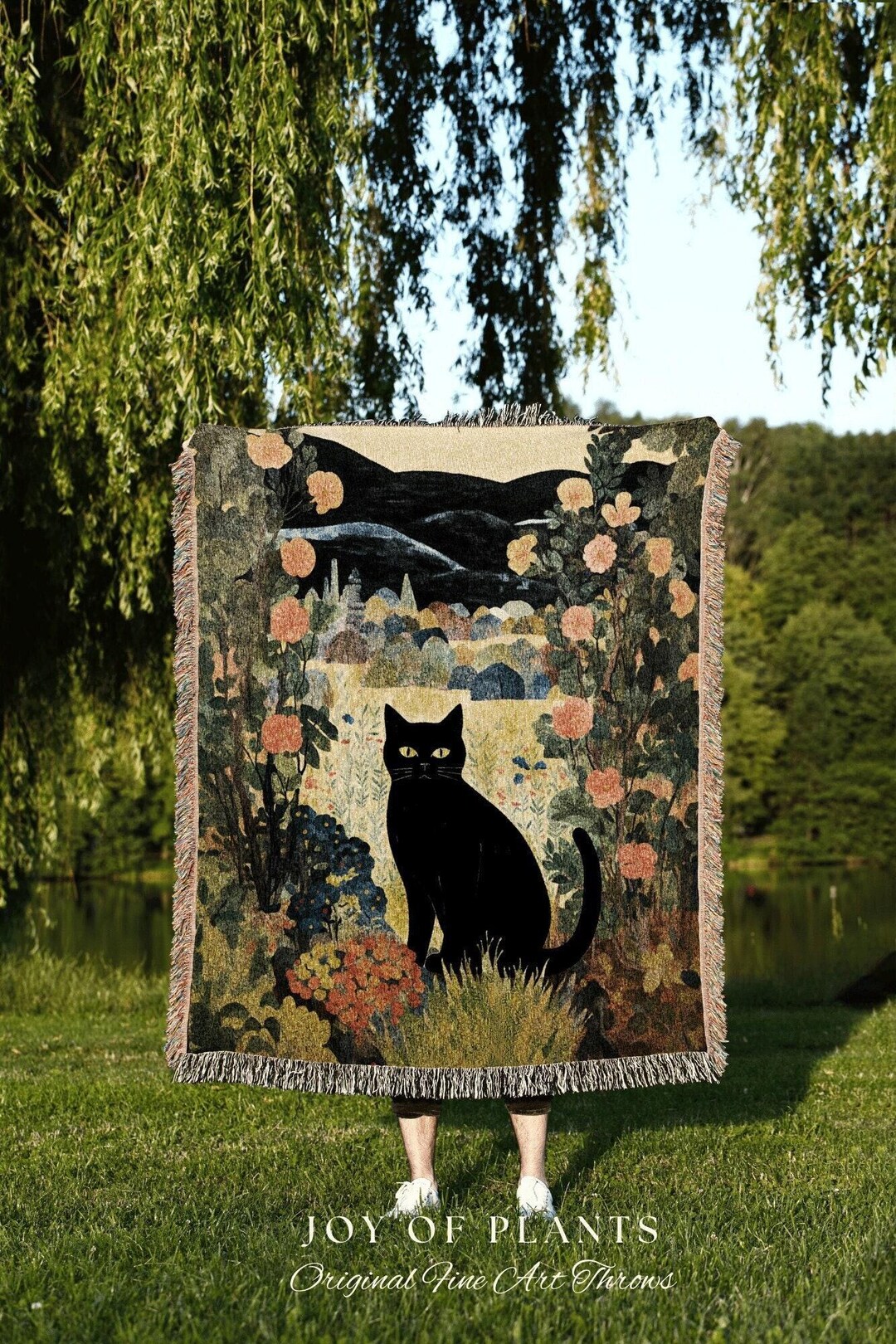 Fall Aesthetic Vintage Cat in the Wildflowers Tapestry Floral Art ...