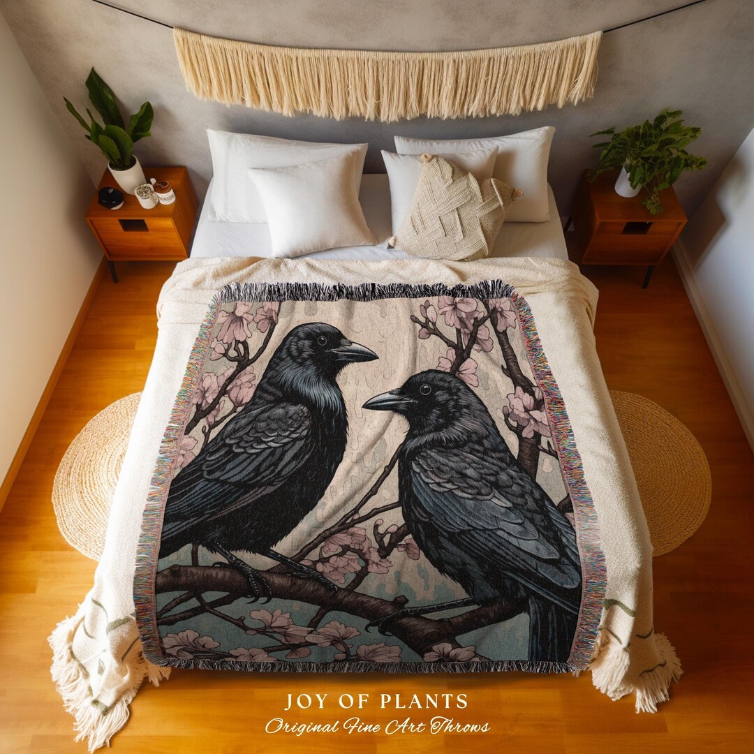 Crowcore Decor Gothic Tapestry Woven Blanket Raven Art | Dark ...
