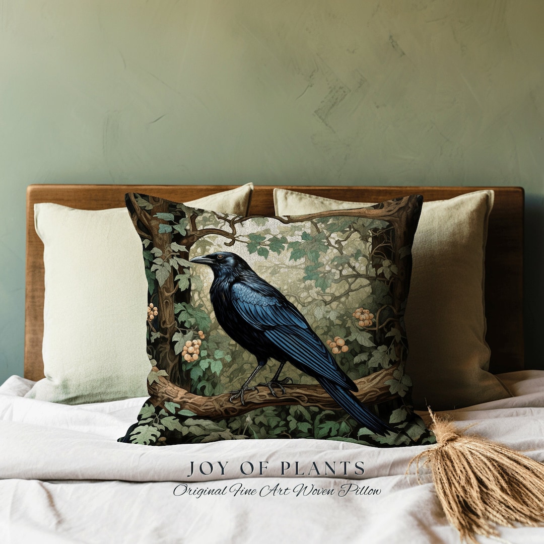 Black Crow Raven Throw Pillow Morris Inspired Pillow Woodland Crowcore ...