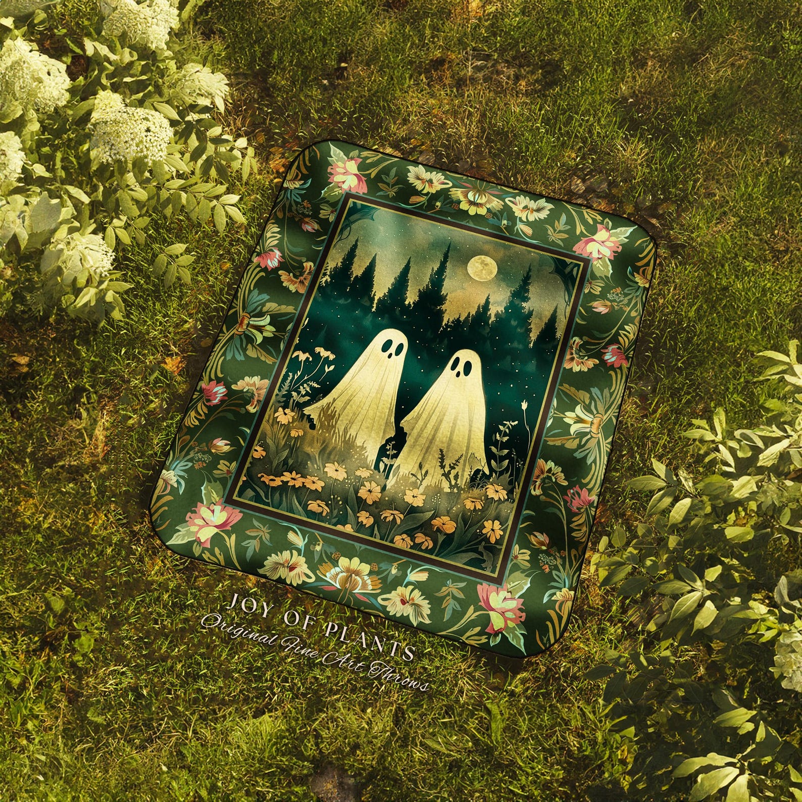 Floral Landscape Halloween Ghost Friends | Woven Throw Blanket Macabre ...