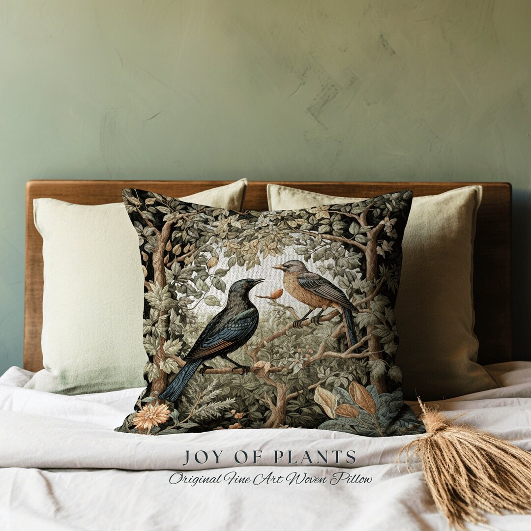 Cottagecore Bird Throw Pillow William Morris Inspired Pillow Woodland ...