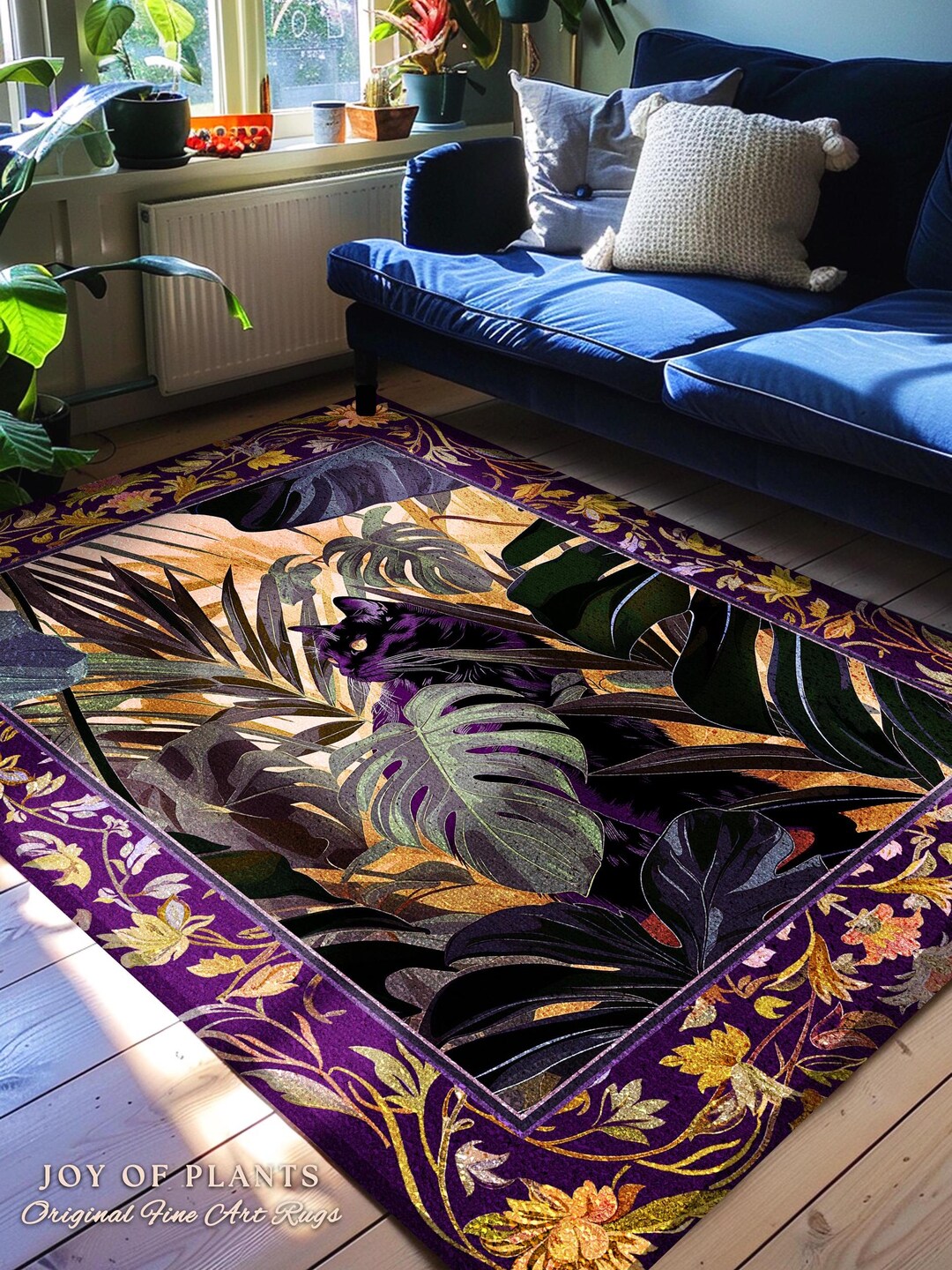 Enchanted Jungle Black Cat Rug Whimsical Monstera Moody Maximalism ...