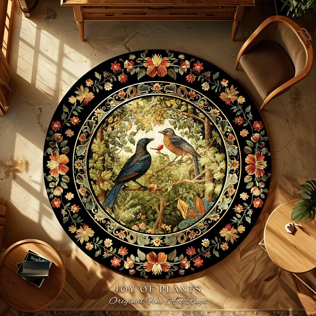 Crowcore Forest Round Raven Rug Bedroom Decor Morris Inspired Victorian ...